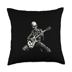 Halloween Skeleton Rock Star Guitar Skeleton Playing Bass Rock and Roll Throw Pillow, 18x18, Multicolor