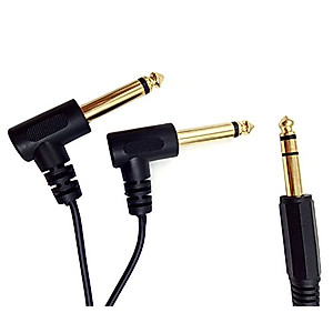 Qaoquda 1 Feet Gold Plated 6.35mm 1/4" Male TRS Stereo to Dual 2 x 6.35mm 1/4" Male TS Mono 90 Degree Right Angle Y Splitter Audio Cable (635M/2M)