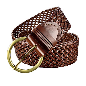 ANNULOYA 2 Inch Wide Leather Braided Belts for Women Hand Made Soft Woven Waistbands with Round Golden Pin Buckle (Brown)