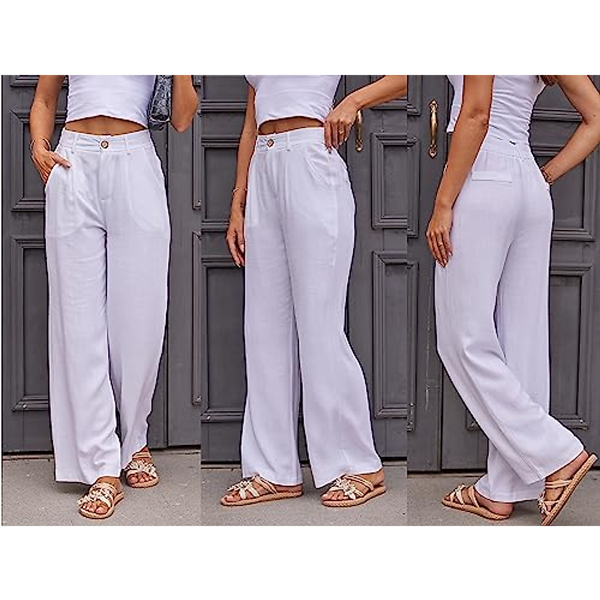 heipeiwa Women's Linen Summer Casual High Waist Wide Leg Dressy Pants Flowy Trousers