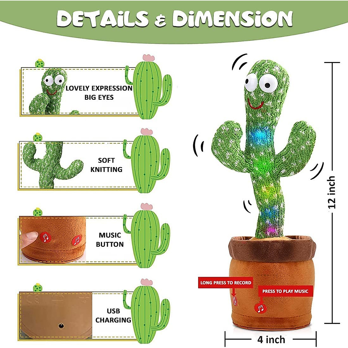 Dancing Cactus Toy Mimicking Talking Cactus Adjustable Volume Singing Cactus Embroidery Buttons Repeating What You Say with Wriggle Lighting, Recording Cactus Soft Plush Baby Toy Funny Toy FG__