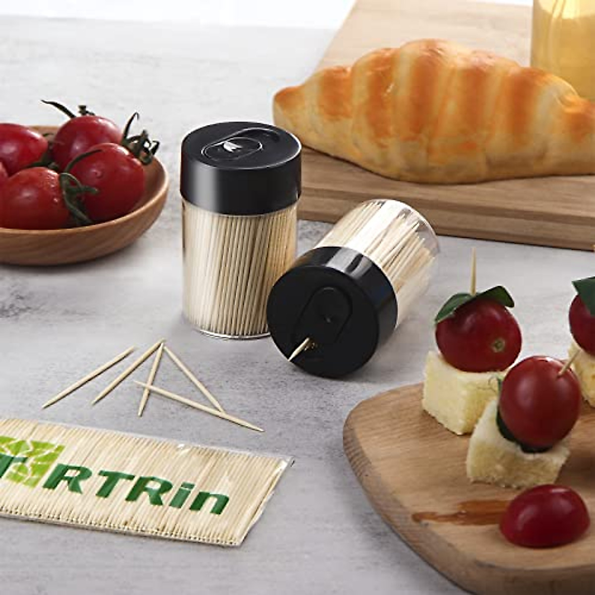 TRTRin Bamboo Wooden Toothpicks [3000 Count]-With 2-Pack Reusable Toothpick Holder, Sturdy Smooth Finish Tooth Picks, For Appetizer, Olive, Barbecue, Fruit, Teeth Cleaning Toothpicks, Black.
