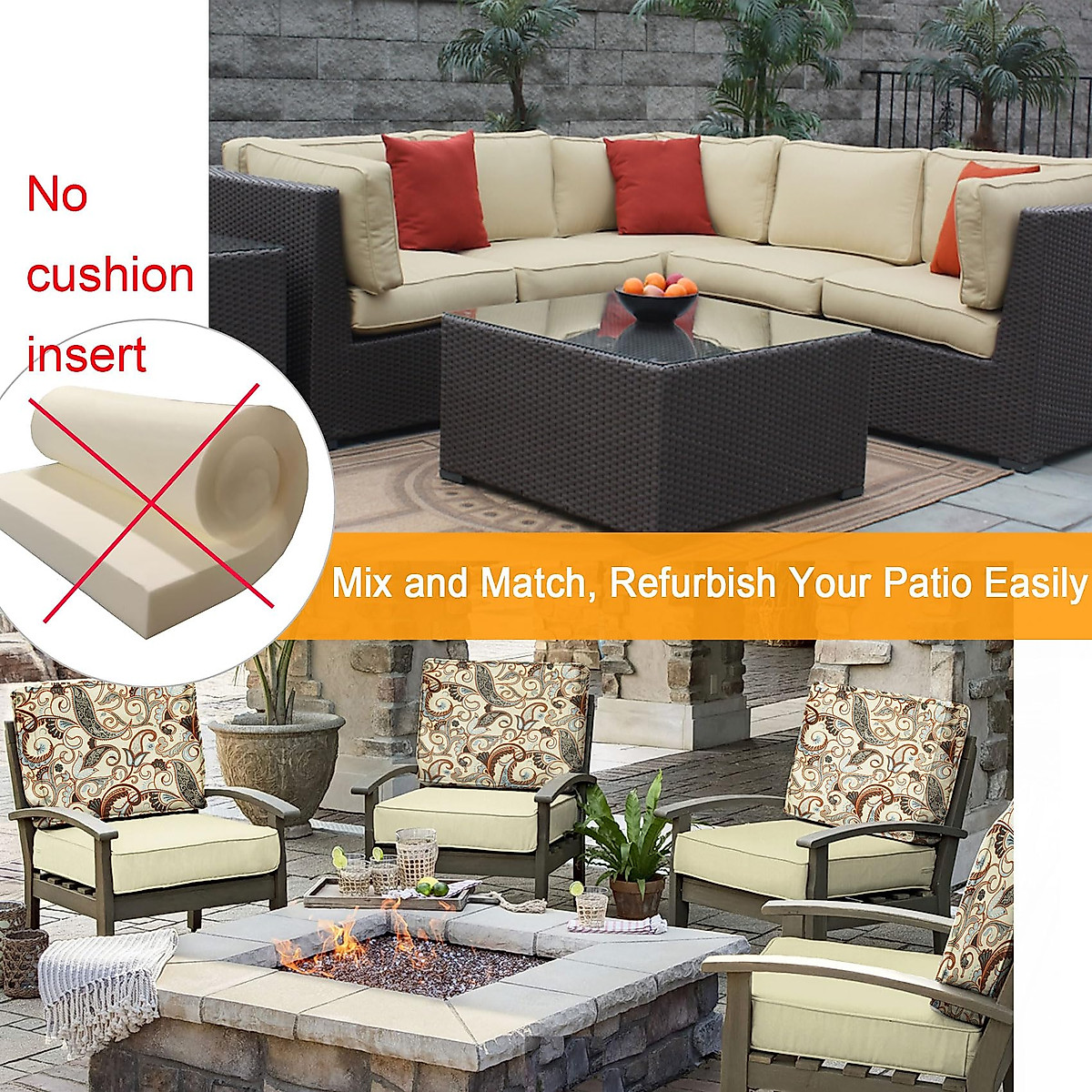 NettyPro Outdoor Cushion Slipcovers Waterproof 4 Pack Patio Chair Seat Cushion Covers with Zipper and Tie, 22 x 20 x 4 Inch, Replacement Cover Only, Khaki