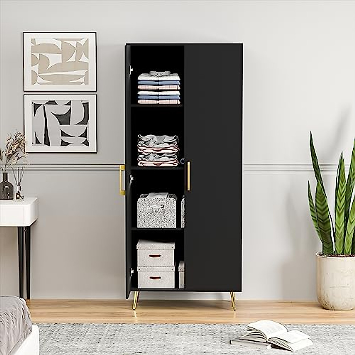 NOVAMAISON 69” Tall Storage Cabinet - Black Storage Cabinet w/ 2 Doors and Adjustable Shelves, Freestanding Kitchen Pantry w/Gold Handles and Legs, Wooden Wardrobe Cabinet for Bedroom, Laundry