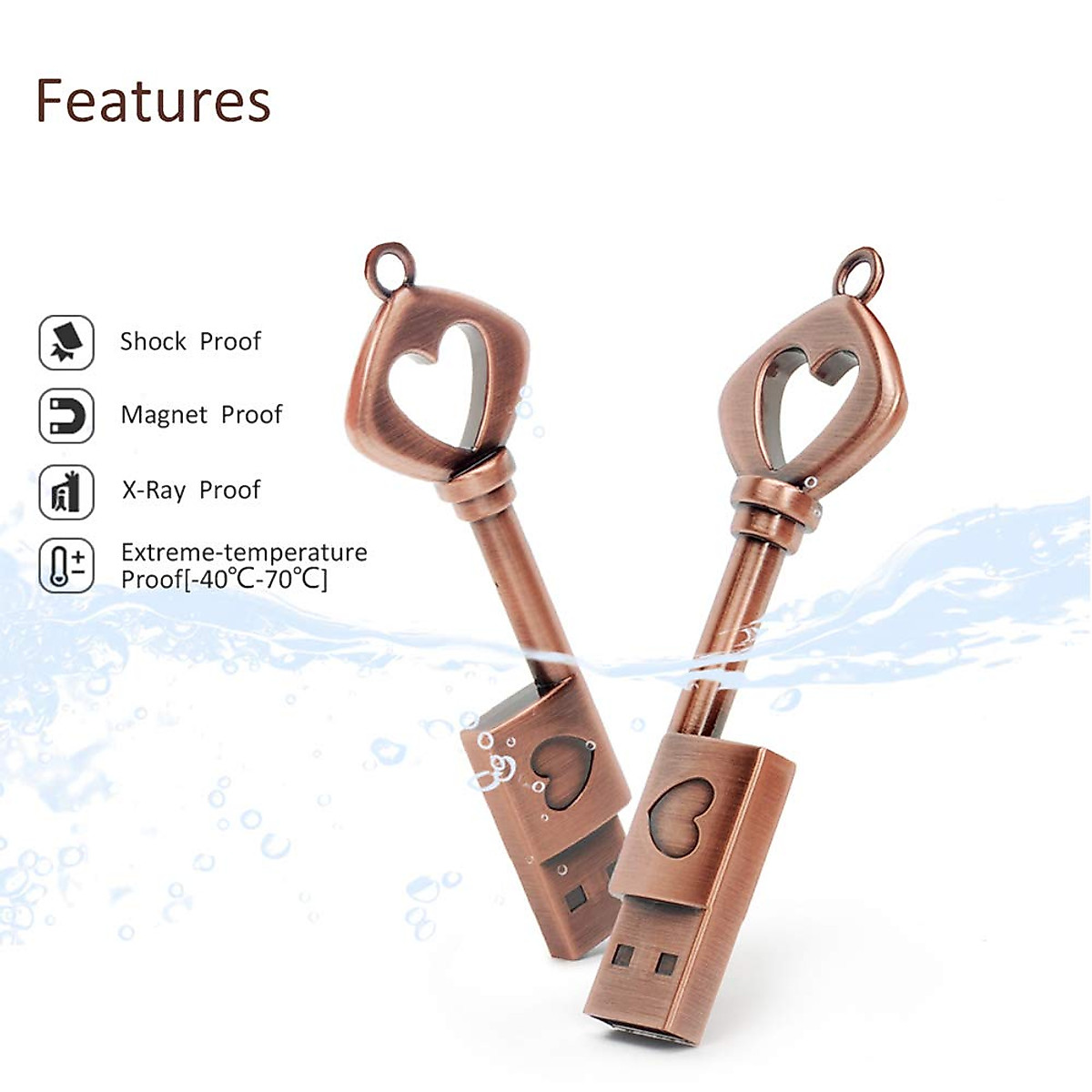 64GB USB 2.0 Flash Drive, BorlterClamp Memory Stick Retro Metal Love Heart Key Shaped Thumb Drive