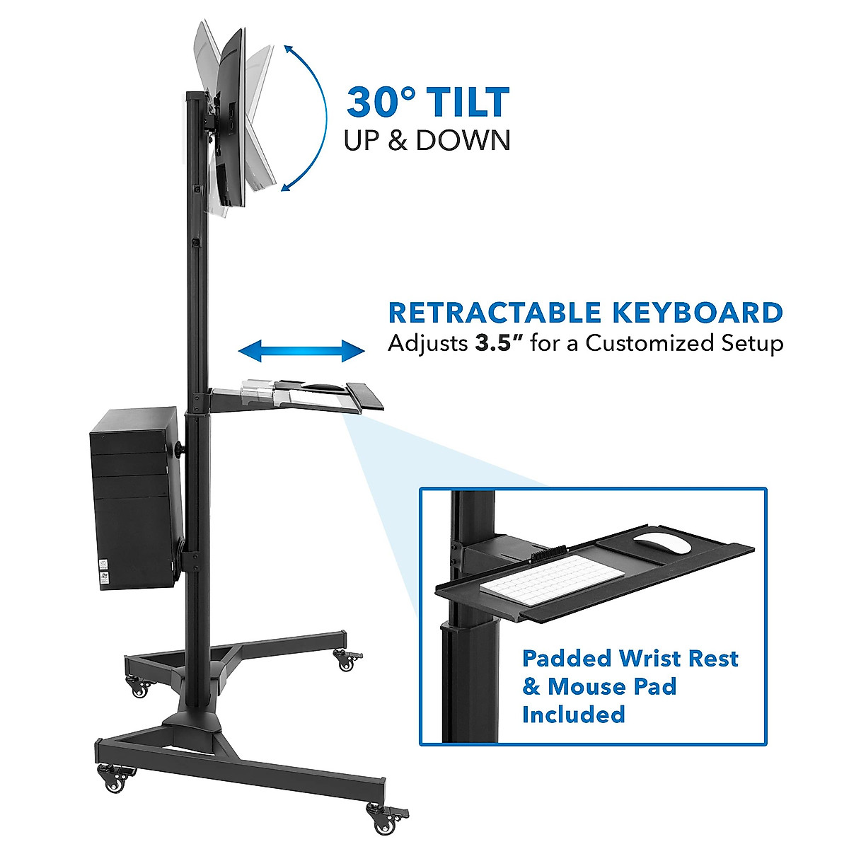 Mount-It! Adjustable Mobile PC Workstation - Dual Monitors up to 32", Rolling Computer Cart Wheels, Rolling 2 Monitor Stand, Keyboard and CPU Holder for Office, Medical, Hospitals, Home & Classrooms