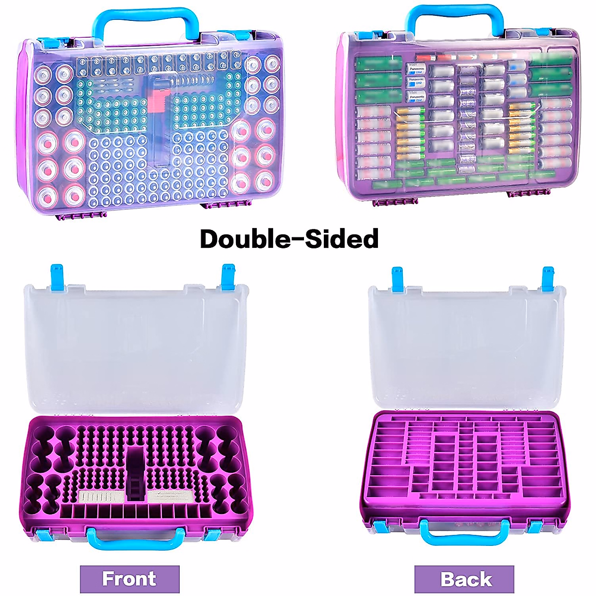 Battery Storage Organizer Case Holder Box with Tester, Double-Sided Batteries Fits for 269 Caddy Container AA AAA AAAA 3A 4A 9V C D Lithium 23A 4LR44 CR123A CR1632 CR2032 - Purple