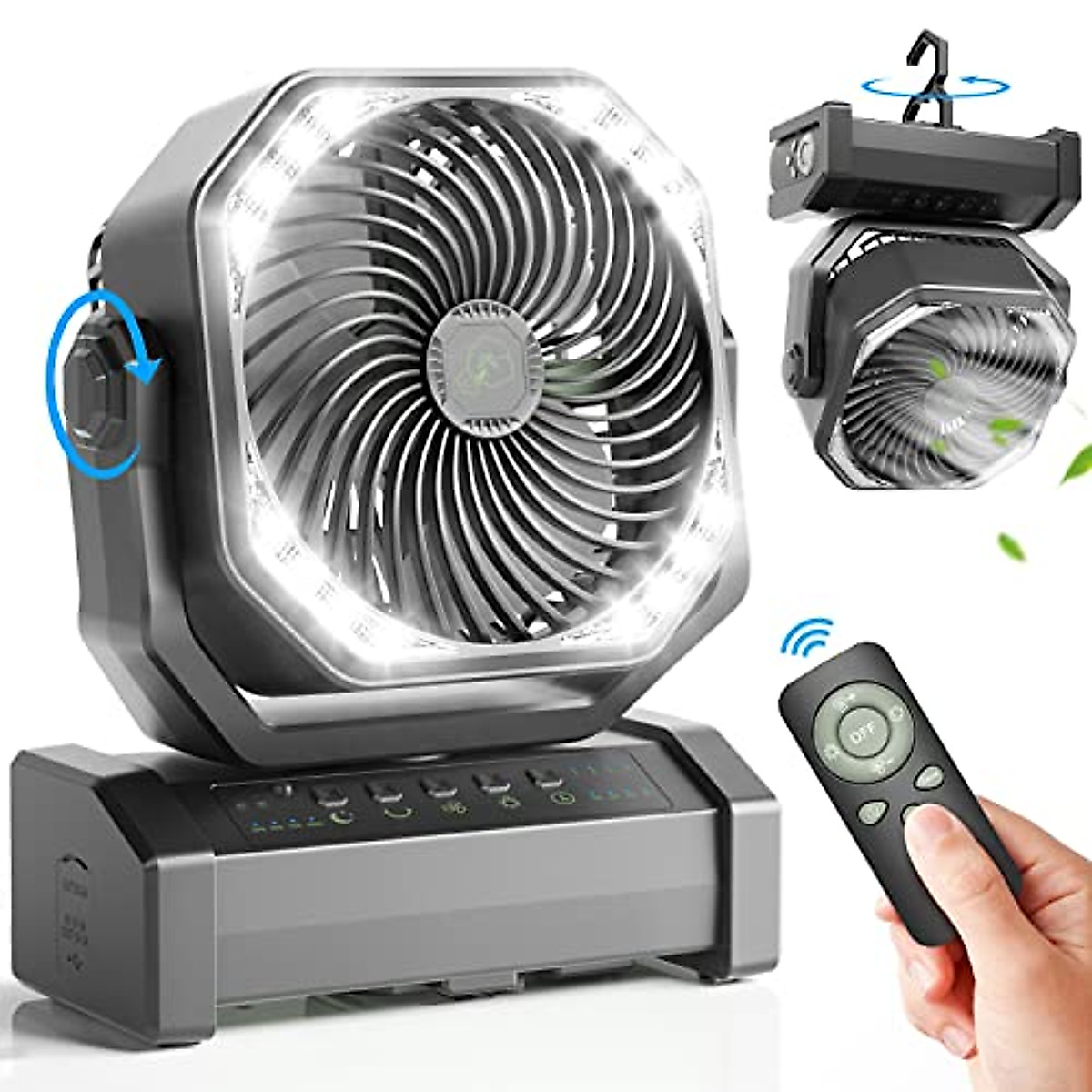 vidihill 20000mAh Personal Fan with LED Light, Auto-Oscillating Desk Fan with Remote & Hook, Rechargeable Battery Operated Camping Fan with Timer, 4 Speeds USB Fan for Camp Travel Jobsite…
