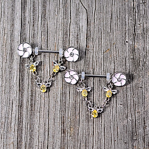 Body Candy 14G Womens Nipplerings Piercing Steel 2Pc Yellow Accent Flower Bee Dangle Nipple Ring Set 5/8"