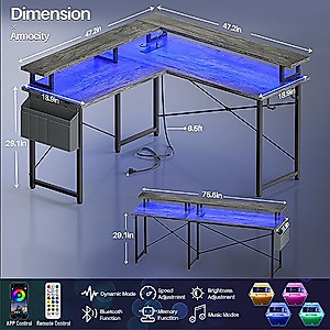 armocity L Shaped Computer Desk with Power Outlets, Gaming Desk L Shaped with LED Lights, Corner Desk with Storage Shelves, Work Study Desk for Bedroom, Home Office Small Spaces, 47'', Grey