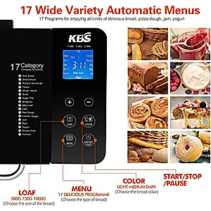 KBS Bread Maker-710W Dual Heaters, 17-in-1 Bread Machine Stainless Steel with Auto Nut Dispenser&Ceramic Pan, Gluten-Free, Dough Maker,Jam,Yogurt PROG, Touch Panel, 3 Loaf Sizes 3 Crust Colors,Recipes