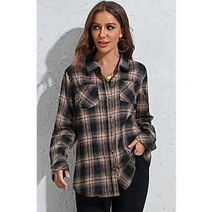 KevaMolly Plaid Long Sleeve Flannel Shirts for Women Loose Fit Boyfriend Button Down Shirt Casual Flannel Blouse Tops Brown Black M