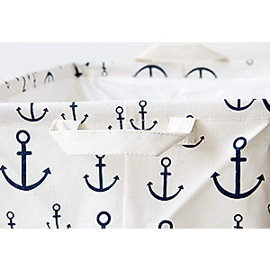 Orino Waterproof Nursery Nautical Fabric Large Storage Baskets with Drawstring Beach Anchor Theme Collapsible Storage Bins Mediterranean Style for cloth, toys, books,sundries, Set of 3(17.5x12x9) inch