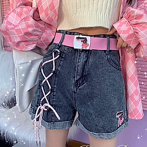 ZLMuMulin Y2K Harajuku Style Kawaii Gothic Straight Leg Loose A Line Folded Vintage Embroideried Print Jeans Shorts S Grey