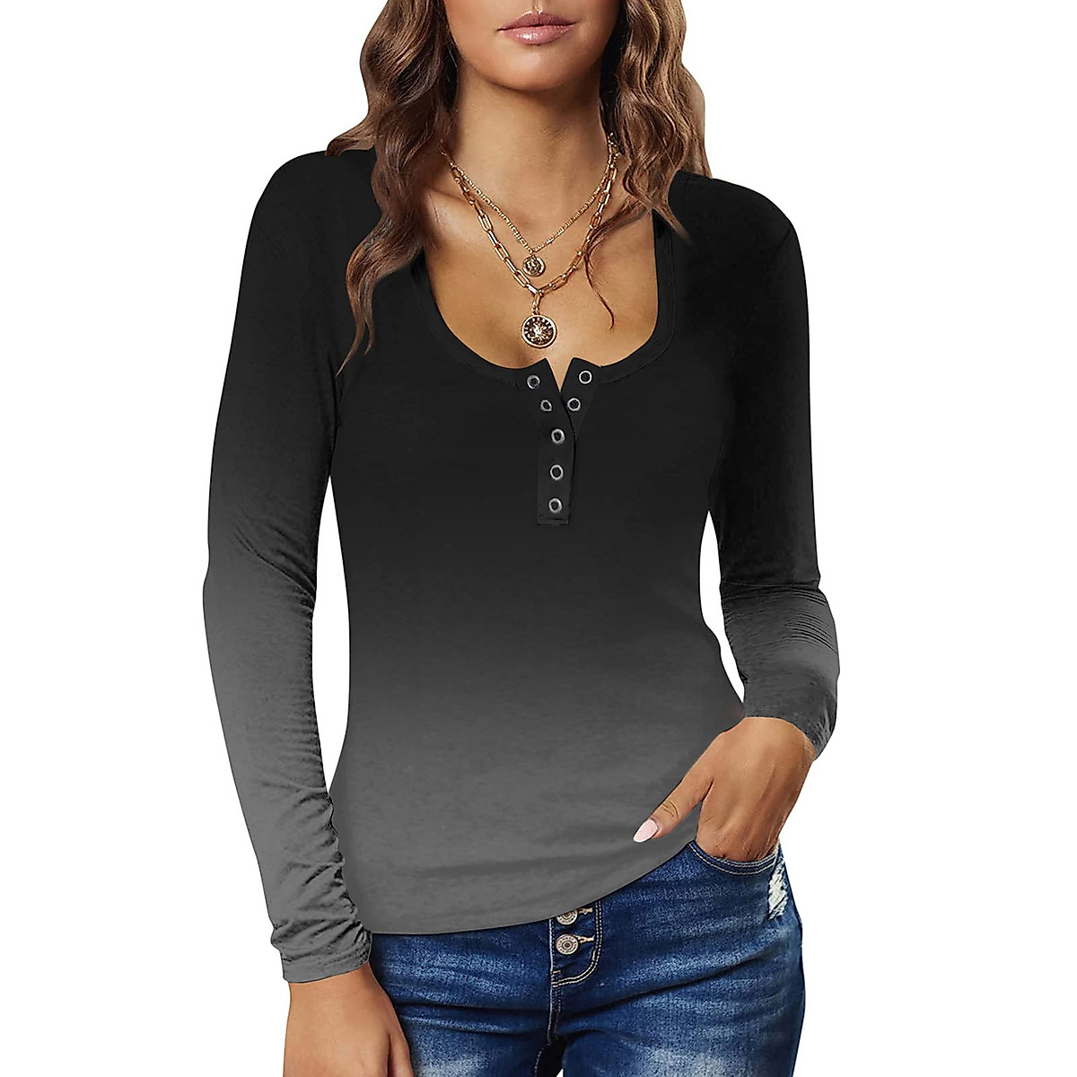 Women's Long Sleeve Tops Casual Fall Henley Shirts Button Down Blouses Gradient Basic Low Round Neck T Shirts
