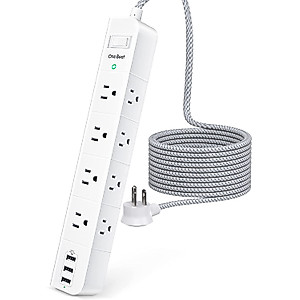 Power Strip Surge Protector - 8 Widely AC Outlets 3 USB, 5 ft Extension Cord, Flat Plug, Desktop Charging Station with Overload Protection, Wall Mount for Home, Office, Travel, Computer ETL Listed