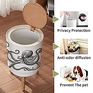 IBPNKFAZ89 Small Trash Can with Lid Octopus Hand Drawing Vintage Engraving on White backgroud Garbage Bin Wood Waste Bin Press Cover Round Wastebasket for Bathroom Bedroom Office Kitchen