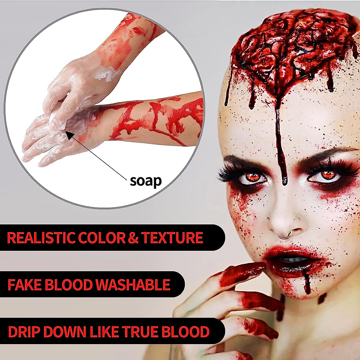 2Pcs Halloween Makeup Fake Blood Suit --- Coagulated Blood+Fake Blood Spray, Lifelike And Washable, Suitable For Special Effect Zombie Bride, Vampire And Monster SFX Horror Clown Makeup