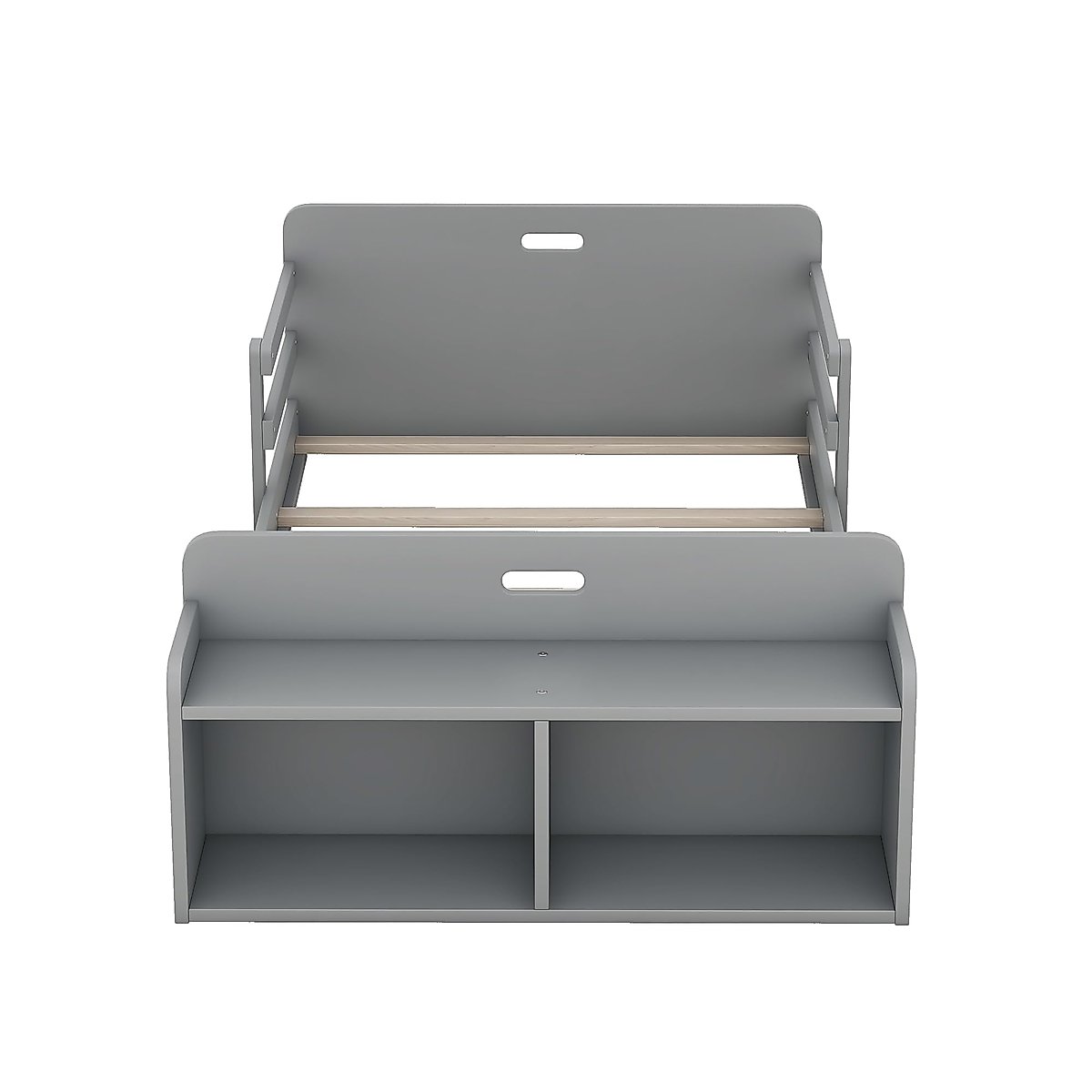 Twin Size Floor Bed with Rails and Storage Bench, Wood Kids Platform Bed Frame with Headboard and Footboard, No Box Spring Needed, Gray
