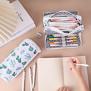 Oyachic Large Pencil Case Big Capacity Pencil Pouch 3 Compartments Pen Bag Canvas Pen Holder Box Zipper Cosmetic Makeup Bag Storage Organizer Stationary Bag for Office Supplie