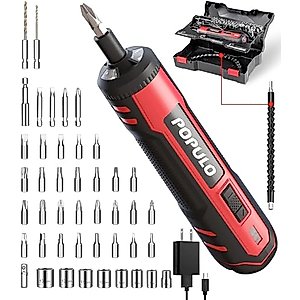 POPULO 4V Electric Screwdriver Kit,6 Torque Settings, Power Screwdriver Cordless Rechargeable with LED Work Light, 32 pieces Screwdriver Bits, 8 Sockets, Flex Hex Shaft, Bit Holders and Storage Box