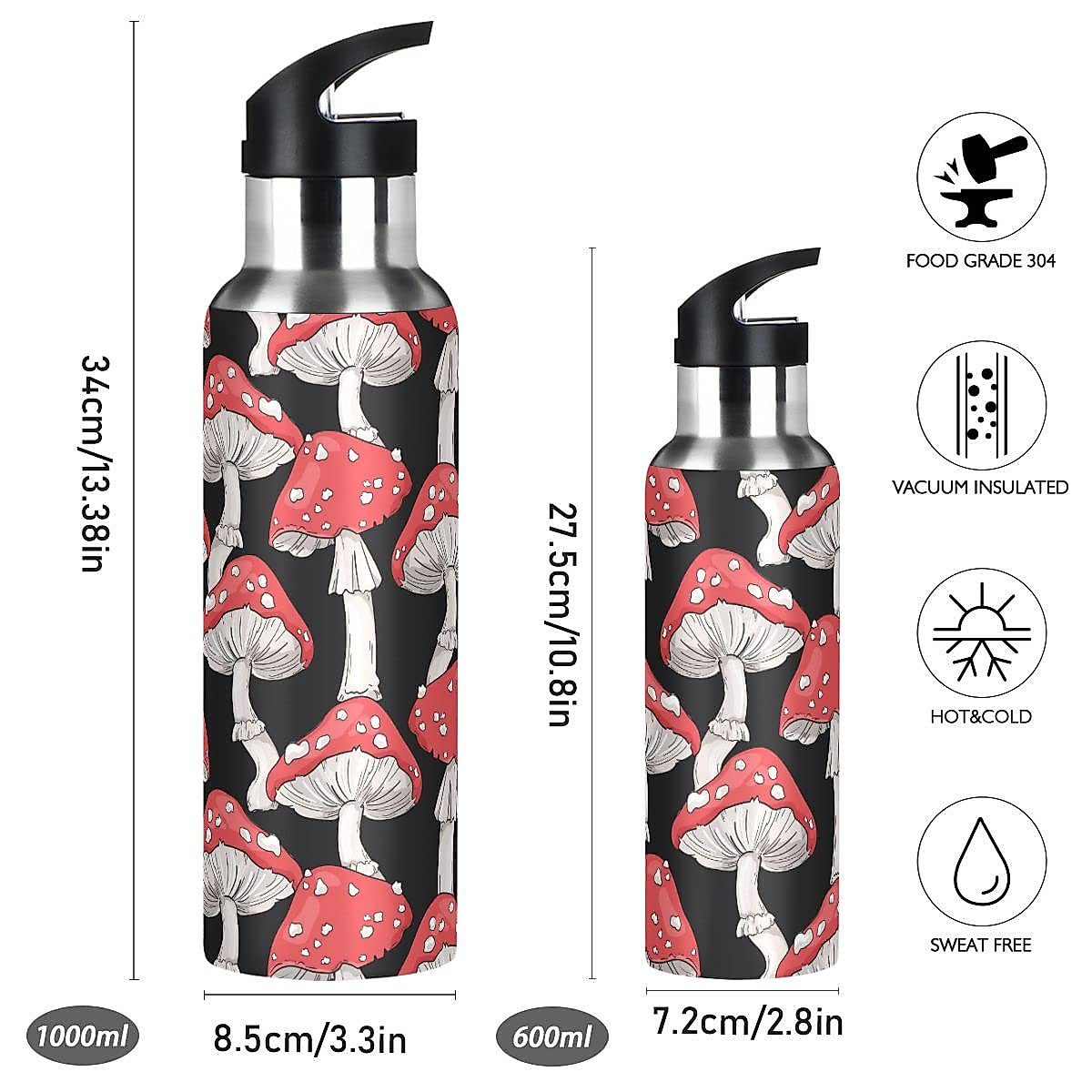 Glaphy Mushrooms Print Water Bottle with Straw Lid, BPA-Free, 32 oz Water Bottles Insulated Stainless Steel, for School, Office, Gym, Sports, Travel