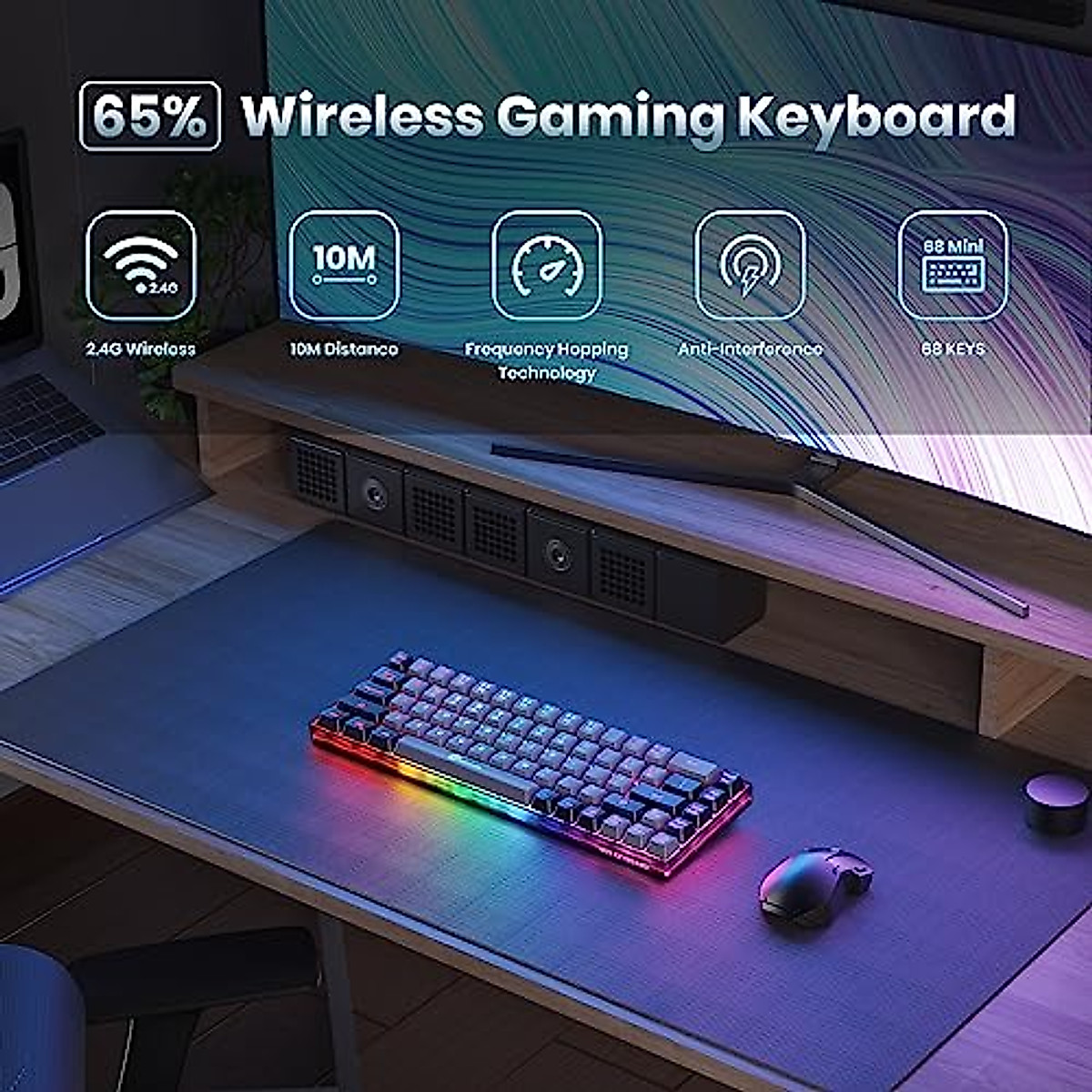 GEODMAER 65% Wireless Gaming Keyboard, Rechargeable Backlit Gaming Keyboard, Ultra-Compact Mini Mechanical Feel Anti-ghosting Keyboard for PC Laptop PS5 PS4 Xbox One Mac Gamer (Gray-Black)