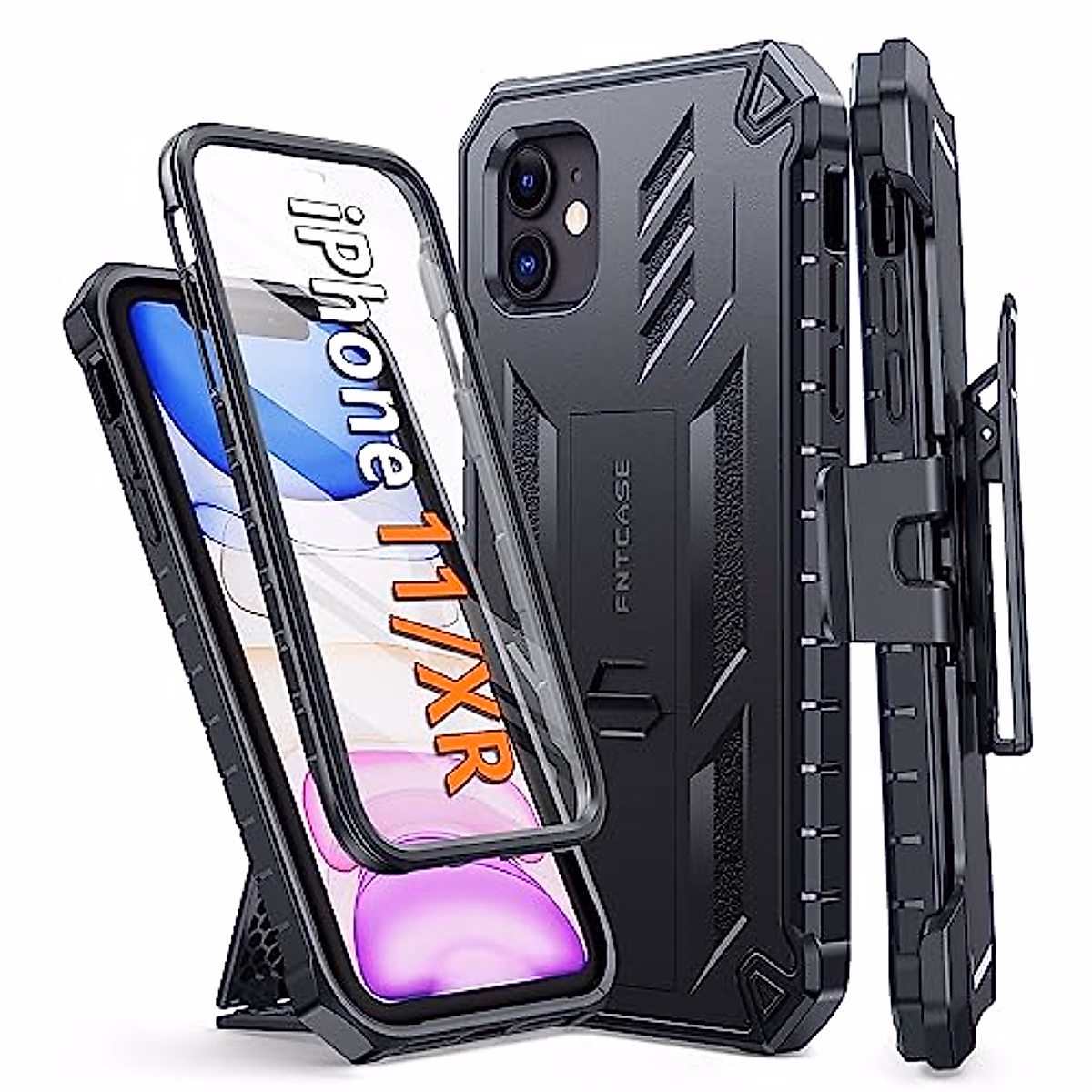 FNTCASE for iPhone 11 Phone Case: for iPhone XR Case with Kickstand & Holster Shockproof Military Grade Protective Cover - Dual Layer Full Protection Sturdy Matte Textured Drop Proof - 6.1 Inch Black