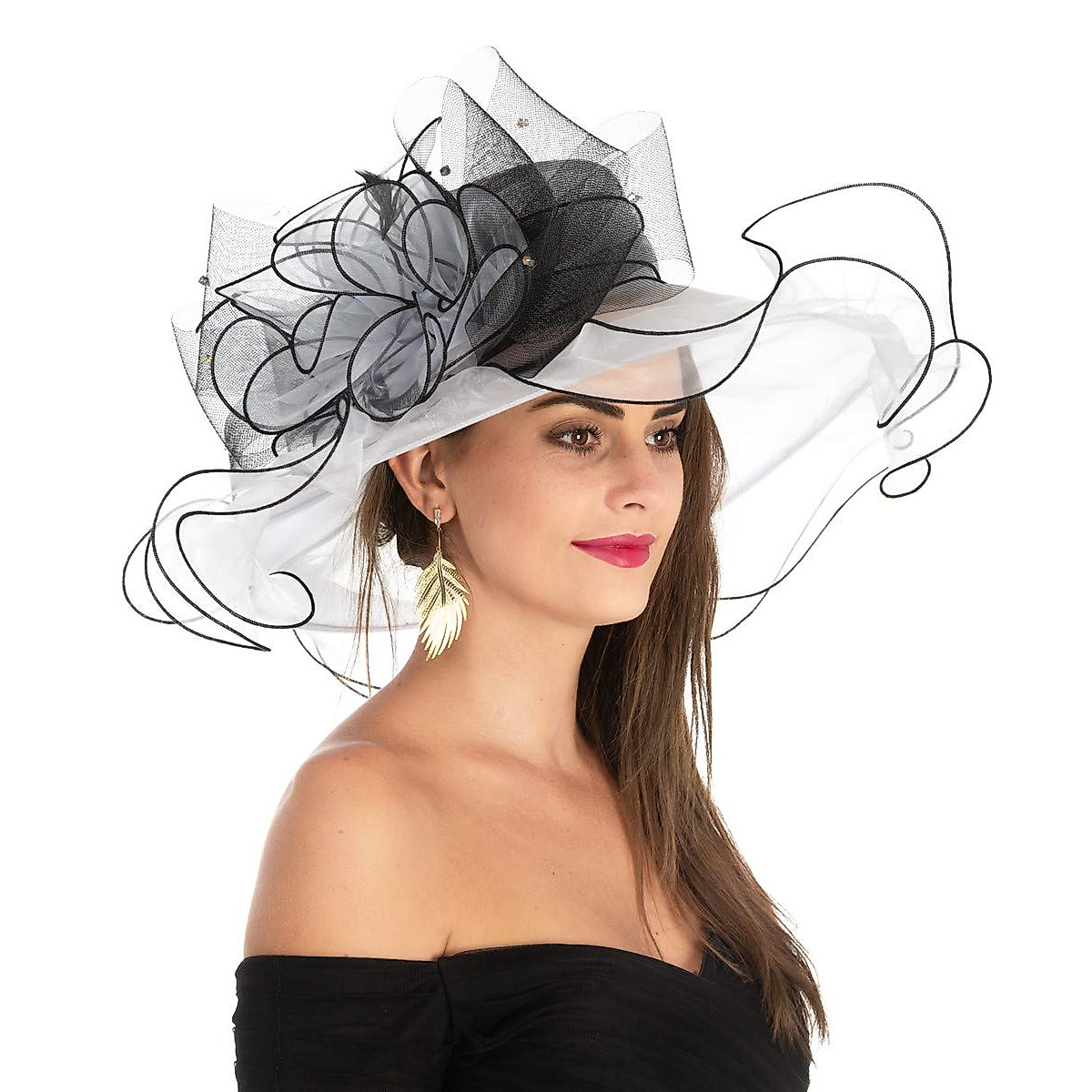 Women's Organza Church Kentucky Derby British Fascinator Bridal Tea Party Wedding Hat Summer Ruffles Cap（HL-White Black Line）