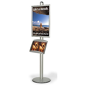 6ft. Poster Sign Holder Floor Stand for 22x28 Graphics, Includes Steel Literature Pocket, Freestanding Display Fixture with Height-Adjustable Accessories - Silver, Aluminum and Steel
