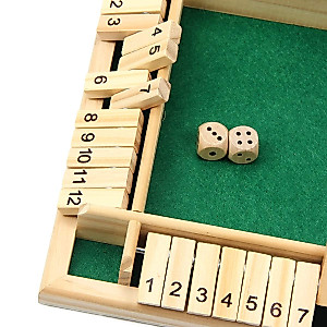 bouti1583 Shut The Box Dice Game,Classic 4 Sided Wooden Board Game Flip 12 Number Classic Tabletop Games for 2-4 Player Green(Big Size)
