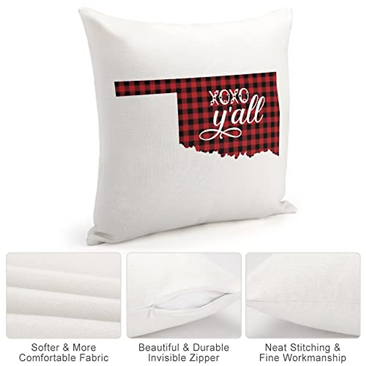 Red Black Buffalo Plaid Oklahoma State Map Throw Pillow Covers Love Pillow Case Home State Cushion Cover Going Away Gift Valentine's Day Decor Square Pillowcase Valentines Day Gift 24"x24"