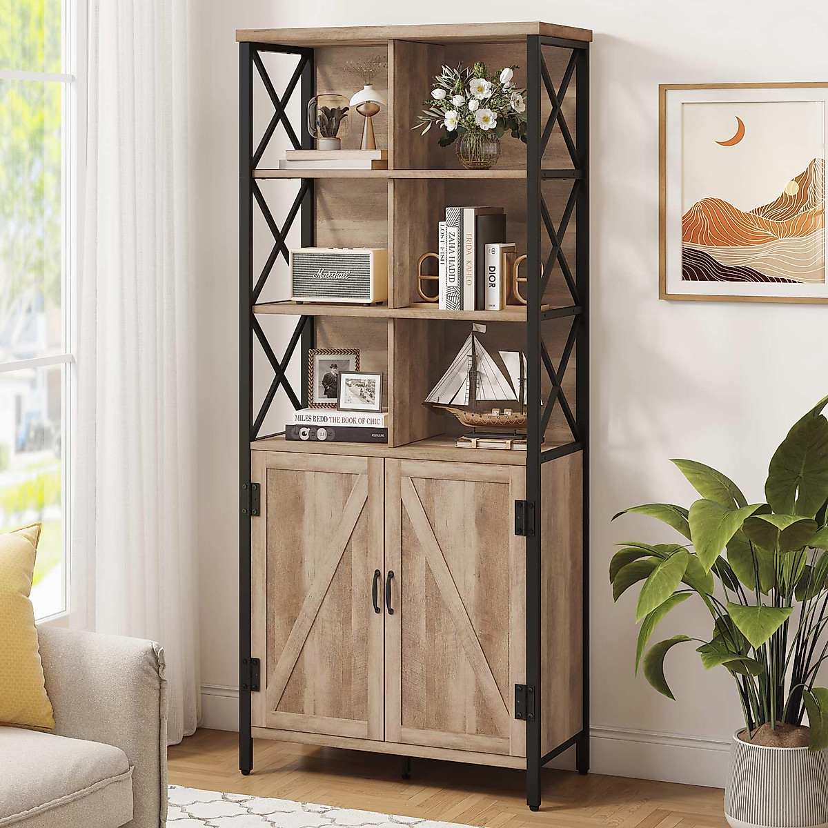 FATORRI Bookcase with Doors, Rustic Tall Bookshelf with Cabinet, Industrial Farmhouse Book Shelf and 6 Cube Organizer Book case for Living Room (Rustic Oak, 67 Inch)