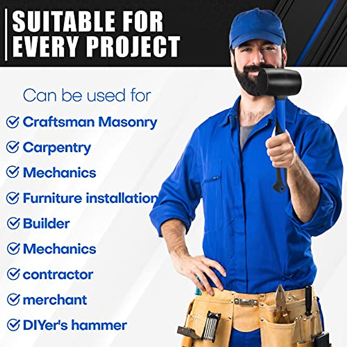 C&T 2-Piece Hammer Set,Black Rubber Mallet Hammer, Double-Faced Soft Hammer With Fiberglass Handle,Rubber Mallet Set