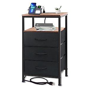 TOWPONICS Nightstand with Charging Station, Bedside End Table with USB Ports and Outlets, Side Table with 3 Fabric Drawers, 2-Tier Shelf, Night Stand for Bedroom Room, Rustic Brown, 28inch