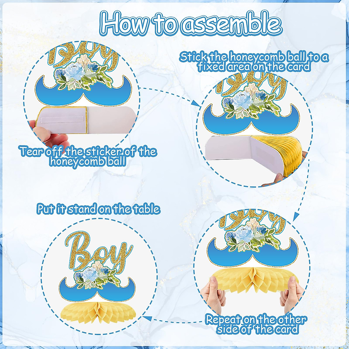 12Pcs Baby Shower Honeycomb Centerpieces Party Decor for Boys,Blue Gold Floral It's a Boys Gender Reveal 3D Table Centerpieces Decoration for Kids Baby Shower Party Photo Props Supplies