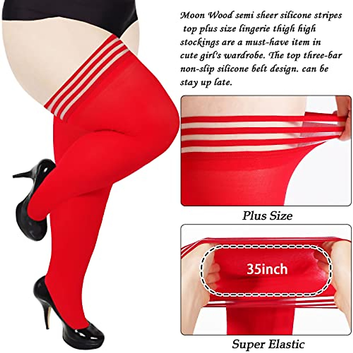 Moon Wood Plus Size Thigh High Stockings for Women 55D Semi Sheer Stay Up Nylon Silicone Top Lingerie Thigh Highs Pantyhose