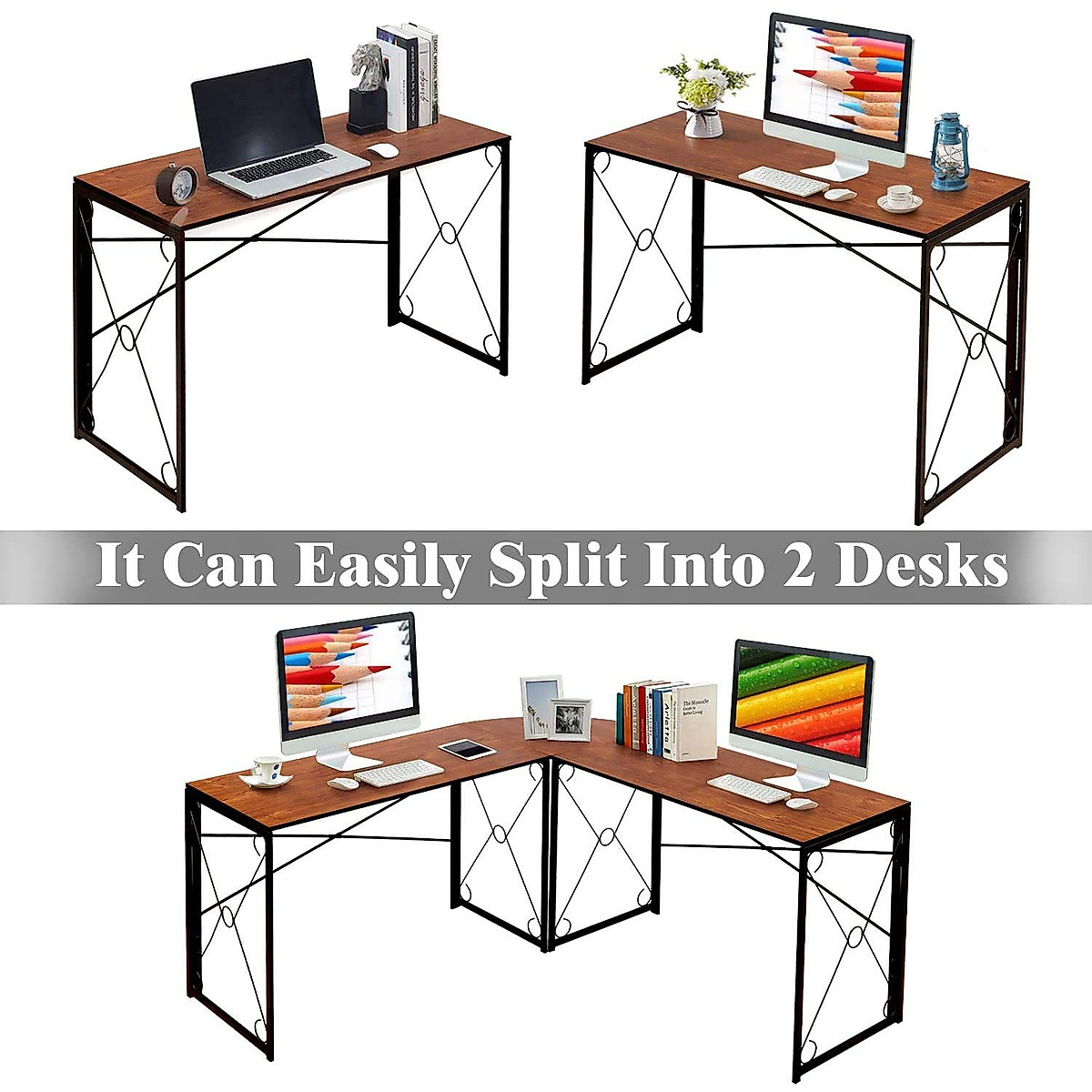 VECELO L Shaped Computer Corner Desk, 59’’x59’’ Large Industrial Home Office Workstation, Multi-Usage Long 2 Person Table, Easy Assembly/Saving Space, Steel Frame&Wooden Grain, Brown