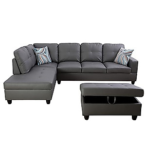NOTOP 3-Piece Faux Leather L-Shaped Sectional Sofas, Button Tufted Upholstered Couch Set with Left Chaise Longue and Storage Ottoman, for Living Room, Home, Office, Dark Grey
