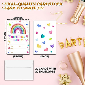 Chuxvon Birthday Party Invitations, Rainbow Heart Birthday Invitations, Double-Sided Fill In Birthday Invites, Birthday Party Favors Decorations Supplies, 20 Cards With 20 Envelopes(Invite-A02)