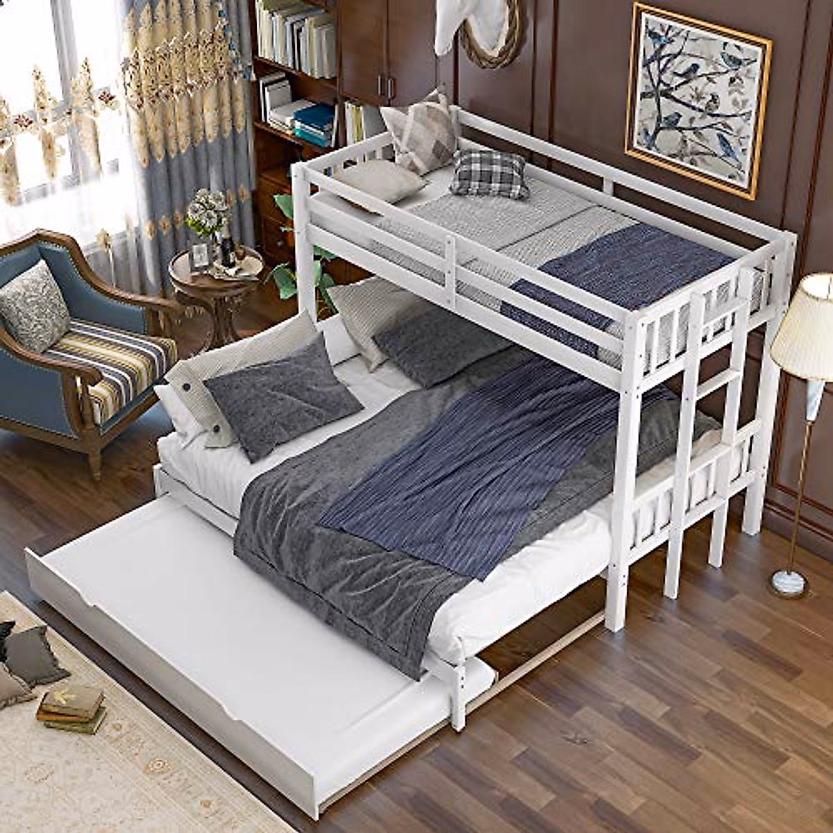 KLMM Twin Over Pull-Out Bunk Bed with Trundle, Wooden Twin Over Twin/Full/Queen/King Accommodate 4 People Extendable Bunk Beds with Ladder and Safety Rail (White)