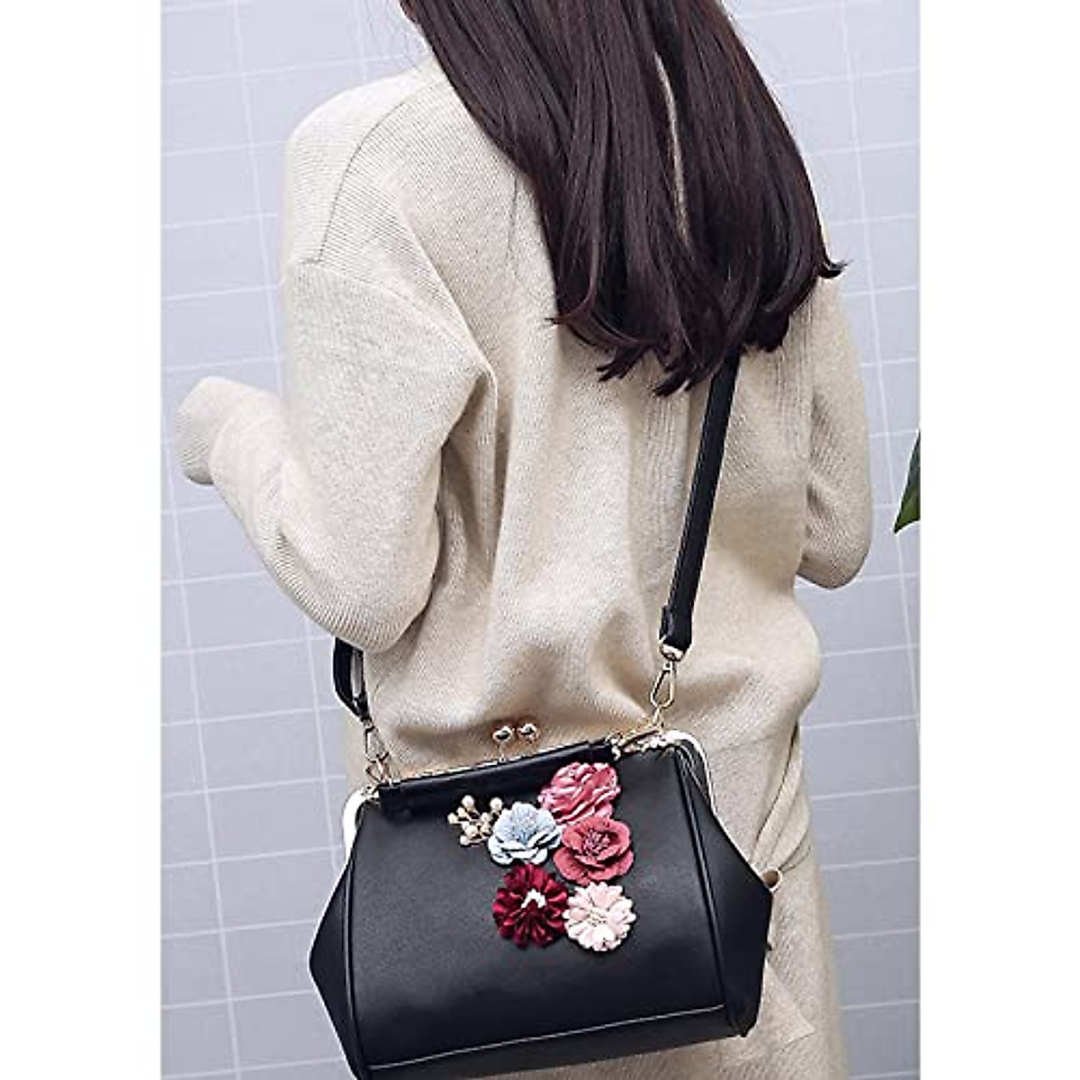 Abuyall Women's Retro Handbag Kiss Lock Shoulder Bag Vintage Purse Flowers M D