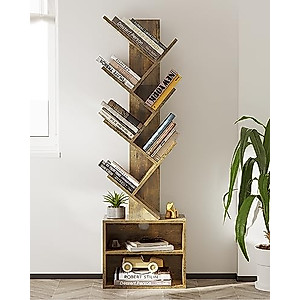 SUNMORY 6 Tier Tree Bookshelf, Small Bookcase with Storage Cabinet, Modern Tall Narrow Bookshelves Organizer, Floor Standing Book Shelf for Bedroom/Living Room/Home Office/Corner, Rustic Brown