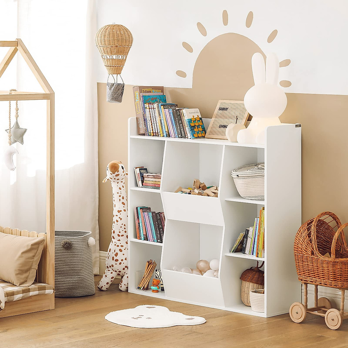 Haotian Kid's Bookshelf Children Bookcase with Toy Storage Organizer, Toddler Book Rack for Playroom, Book Holder for Nursery Classroom, White, KMB55-W
