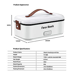 Focs Hoek Electric Lunch Box, 2-In-1 Portable Food Warmer Lunch Box for Car & Home 110V & 12V 80W Suitable for Cars, Homes, Work, Food-Grade Ceramic Coated Containers SS Fork & Spoon(White)