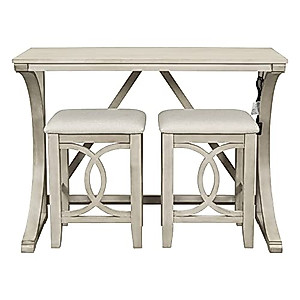 Polibi 3-Piece Farmhouse Counter Height Dining Set, Wood Kitchen Dining Table Set with USB Port and 2 Upholstered Stools for Small Places (Cream)