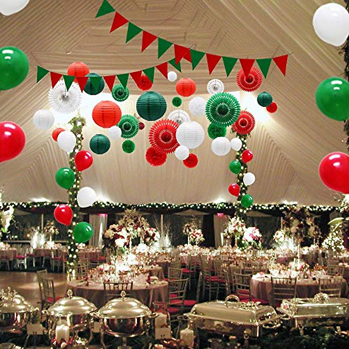 Meiduo Red Green White Christmas Fiesta Brands Mexican Italian Party Decorations Paper Fans Lanterns Flower Pom Poms Felt Pennant Balloons for Graduations St. Patrick's Day Birthday Baby Shower