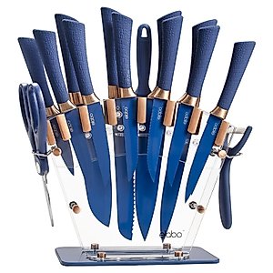 elabo Kitchen Knife Set - 16 Pieces Stainless Steel Knives, Rose Gold Handle Includes 6 Sharp Knives, 6 Serrated Steak Knives, Scissors, Peeler, Knife Sharpener with Block, Blue