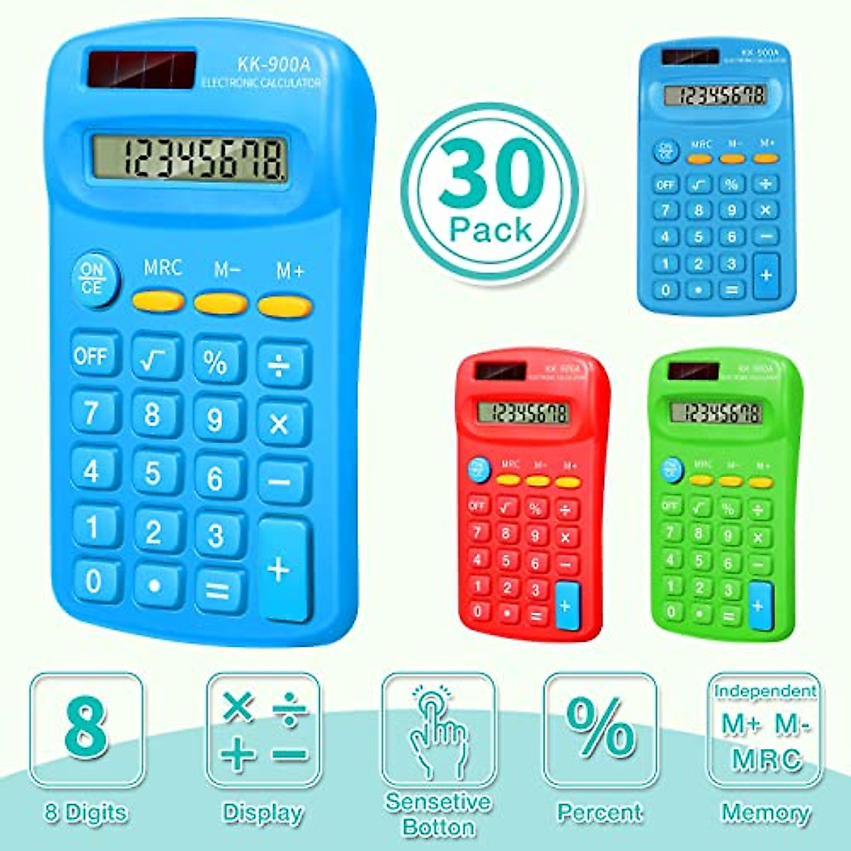 30 Pack Pocket Calculator Small Battery Powered Calculator Bulk Mini Size 4 Function Calculator Hand Held Basic Calculator for Students Kids School Home Office (Green, Red, Blue)