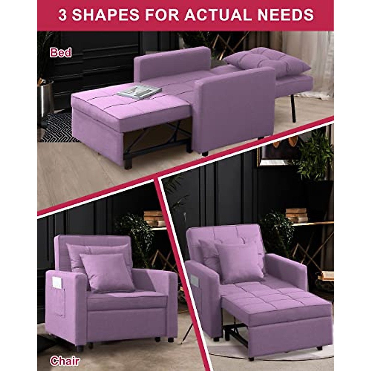 Litbird Convertible Chair Sleeper Bed, Futon Chair Turns Into Bed, Sofa Chair for Living Room, 3 in 1, Linenette, Purple